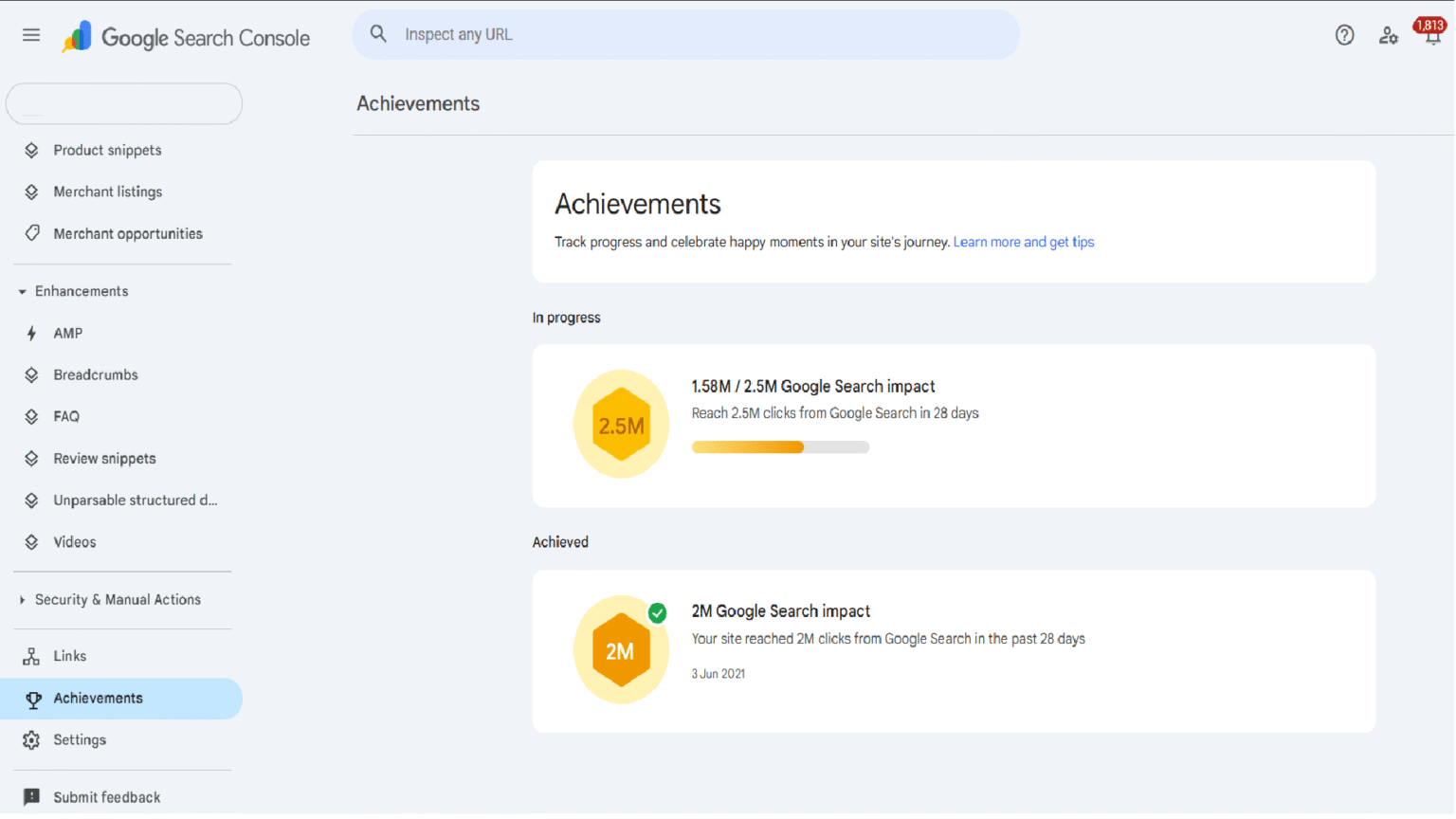 Google Search Console rolled out a new "Achievements" section - GT Metrix